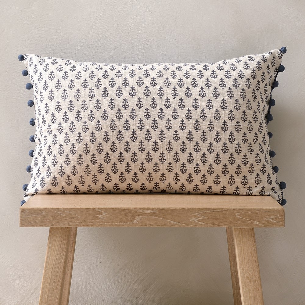 Leaf Block Print Cushion With Pom Poms - Indigo