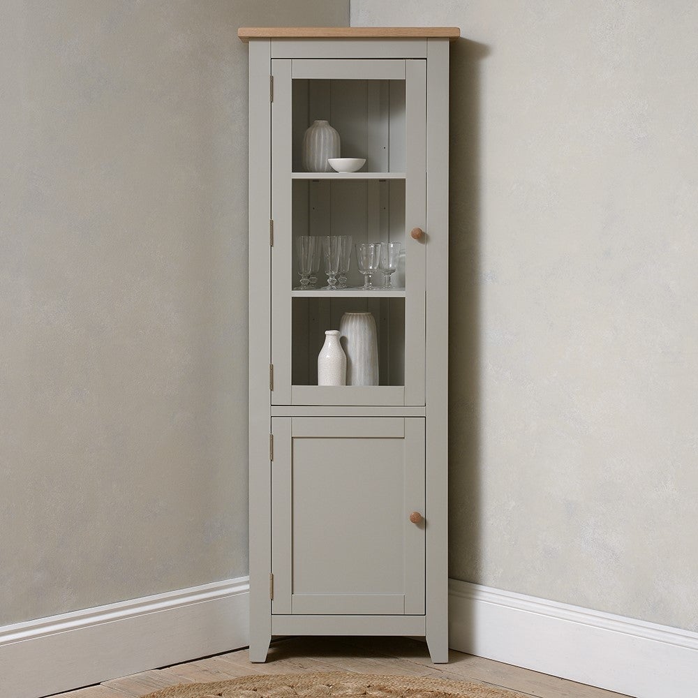 Chester Dove Grey Corner Glass Display Cabinet - The Cotswold Company